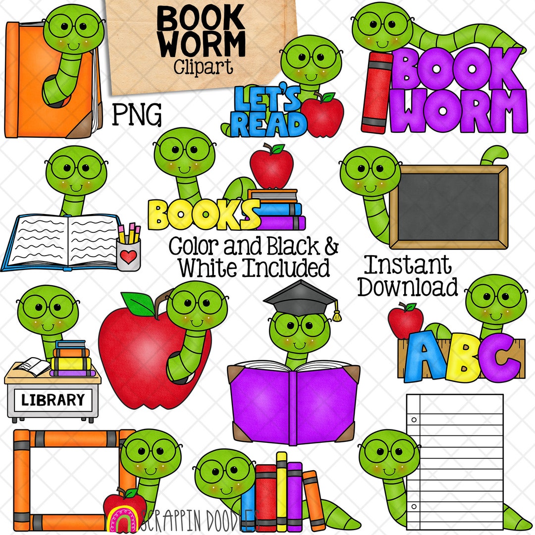 Bookworm Clipart - Worms Reading Books - School Worms - Commercial Use ...