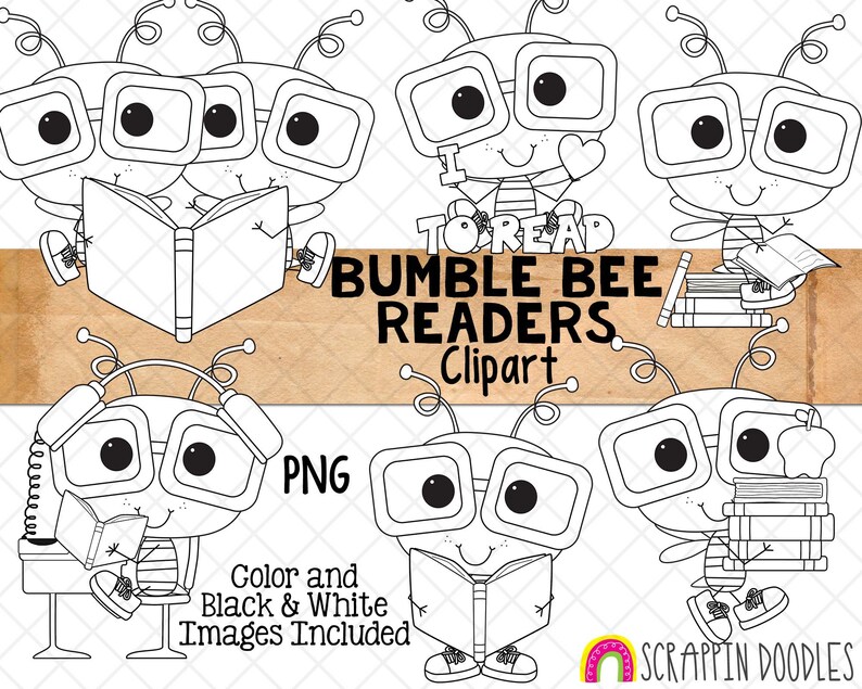 Bumble Bee Readers Clipart - Commercial Use - Sublimation - Hand Drawn ...