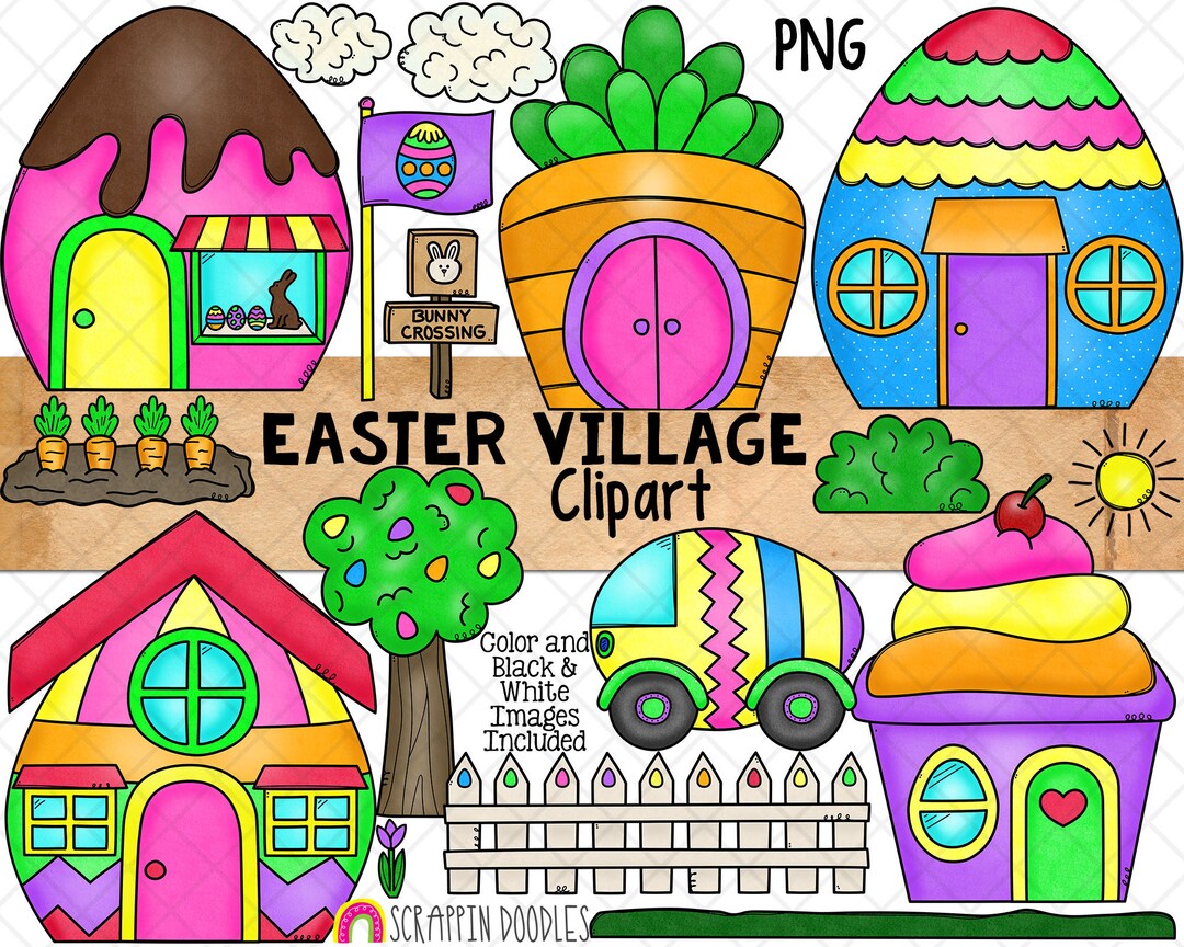 Easter Village Clipart - Decorated Egg Houses - Easter Bunny Carrot ...