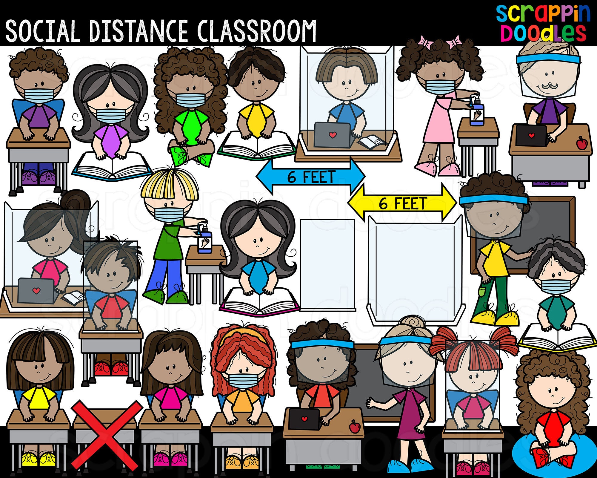 Social Distance Classroom Clip Art Cute Commercial Classroom Kids ...