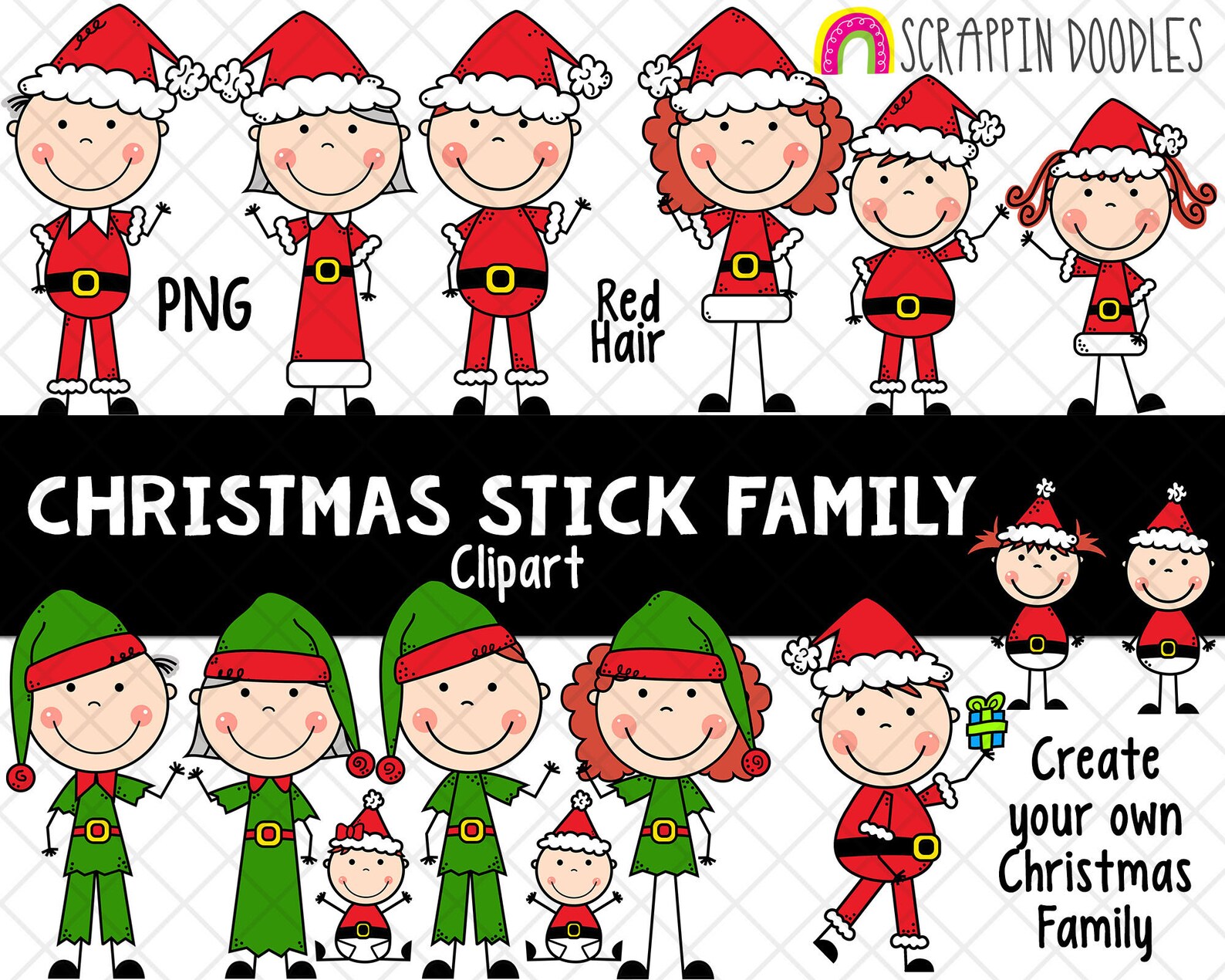 Christmas Stick Family Clip Art Various Hair Colors Stick - Etsy