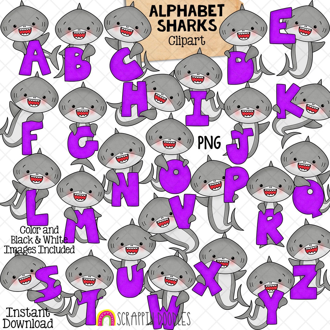 Shark Alphabet Clip Art - Grey Shark Clipart - Sharks Holding Letters ...