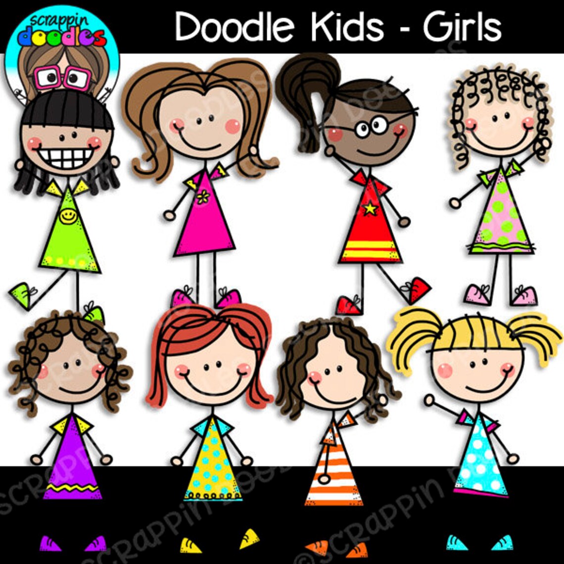 Doodle Kids Girls Clipart {scrappin Doodles Clipart} - Etsy