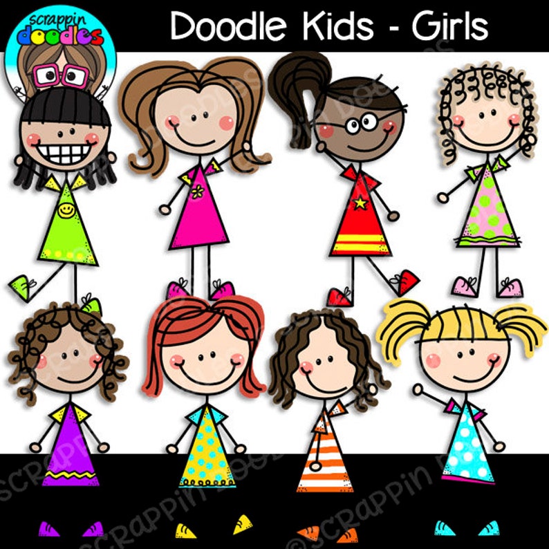 Doodle Kids Girls Clipart {scrappin Doodles Clipart} - Etsy