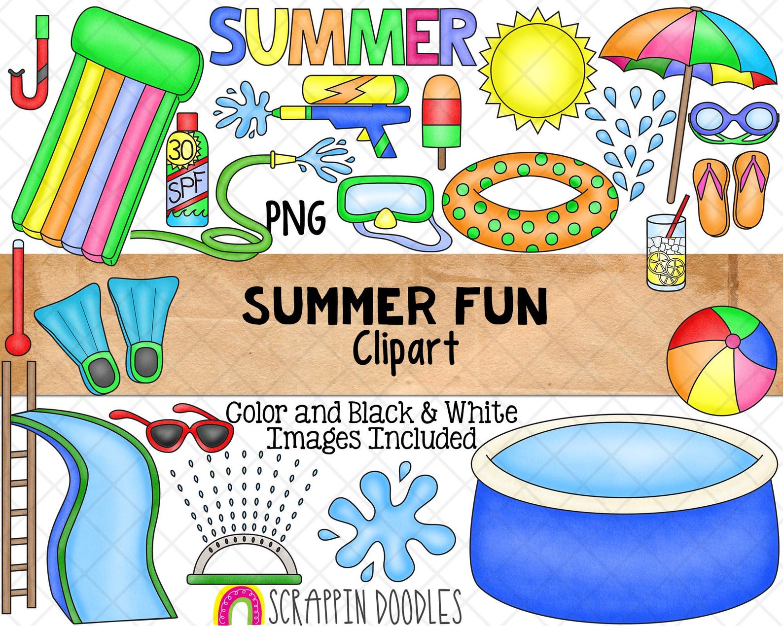 Summer Fun Clipart - Backyard Pool Party - Sprinkler - Flippers - Super ...