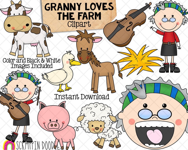 Old Lady Swallowed a Cow Clip Art - Hand Drawn PNG - Granny Loves the ...
