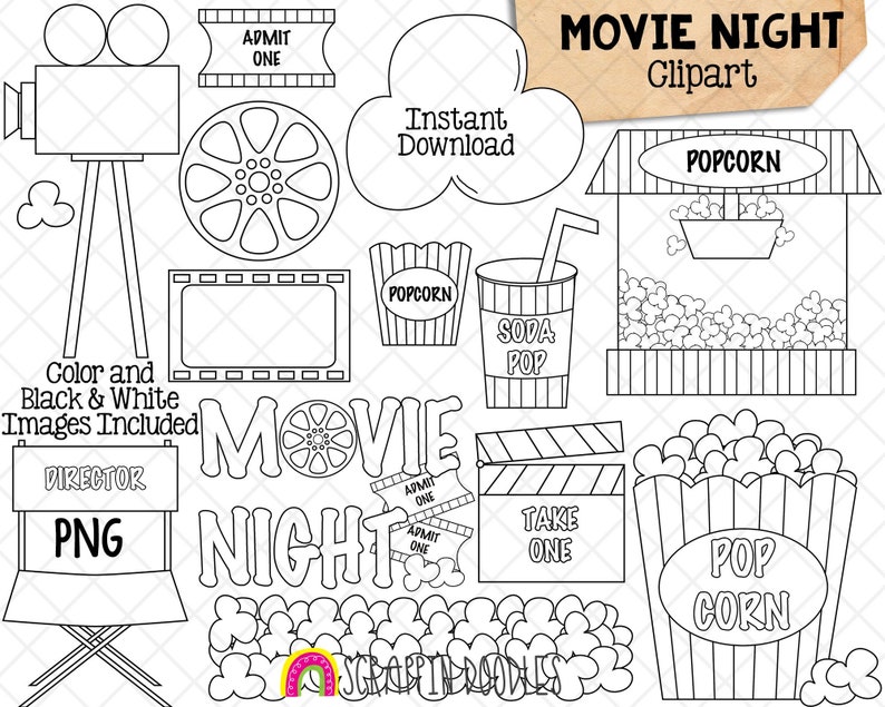 Movie Night Clip Art Popcorn Movie Theater Directors Chair Reel ...