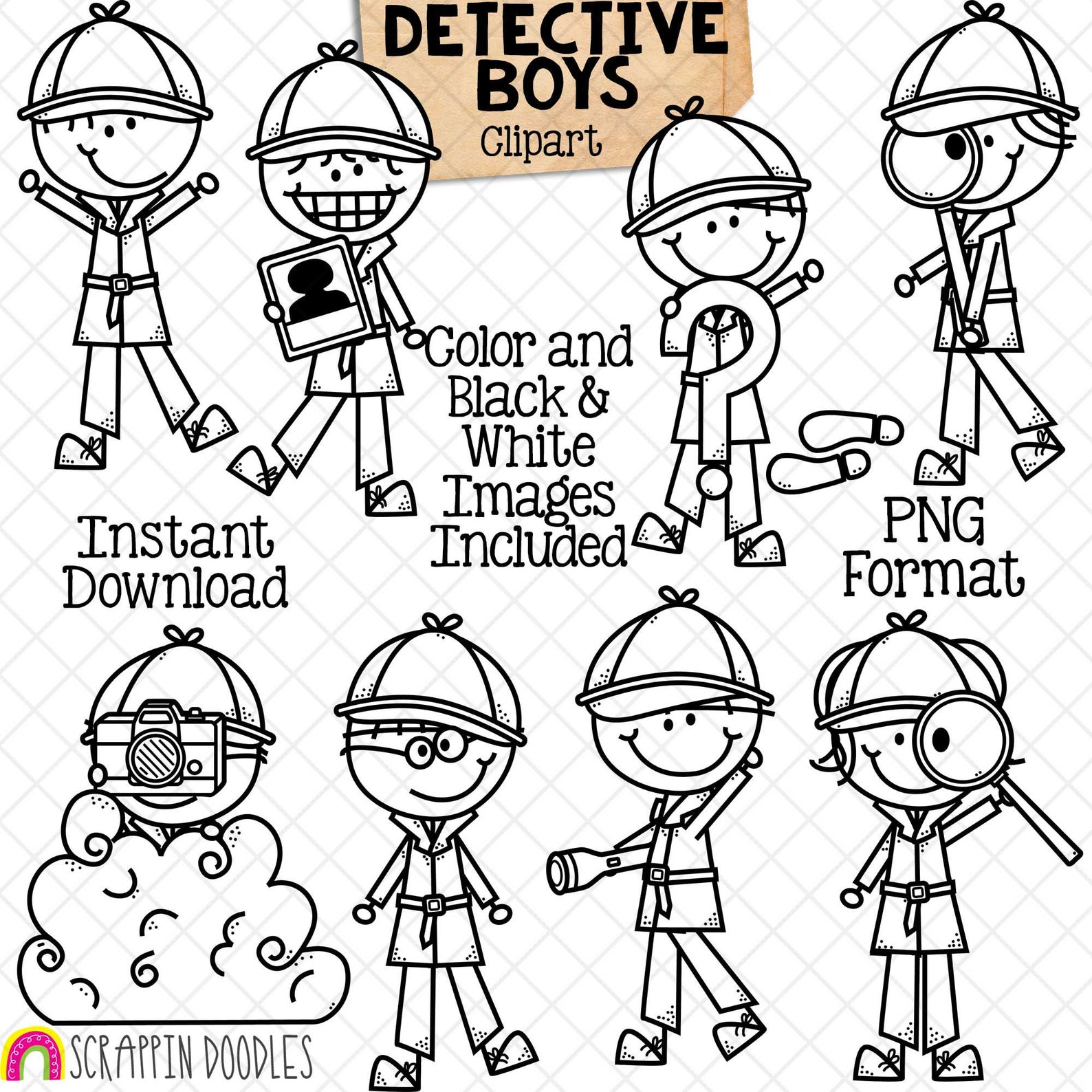 Detective Clip Art - Doodle Boys Detectives - Spy Graphics - Private ...