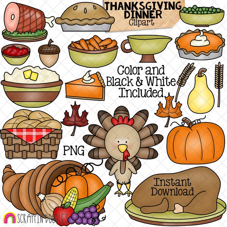 Thanksgiving Dinner Clipart - Food Graphics - Turkey - Cornucopia ...