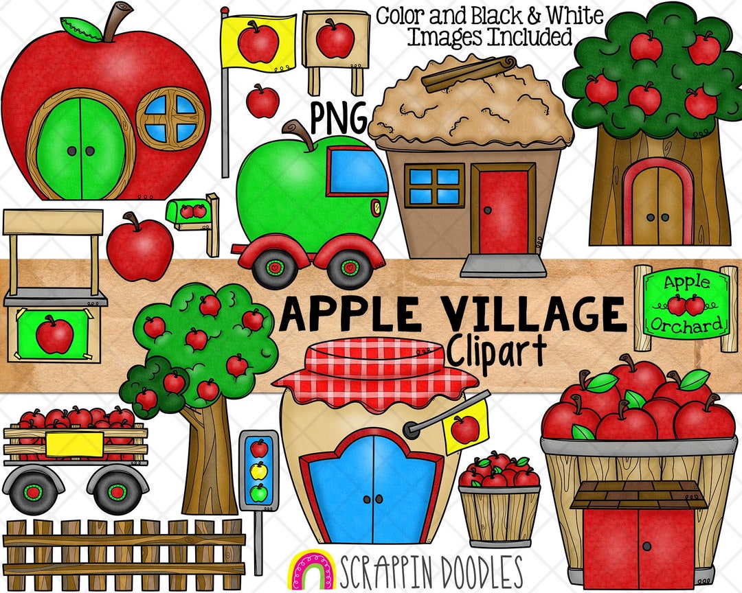 Apple Village Clip Art - Apple Orchard Town - Tree House - Apple Cart ...
