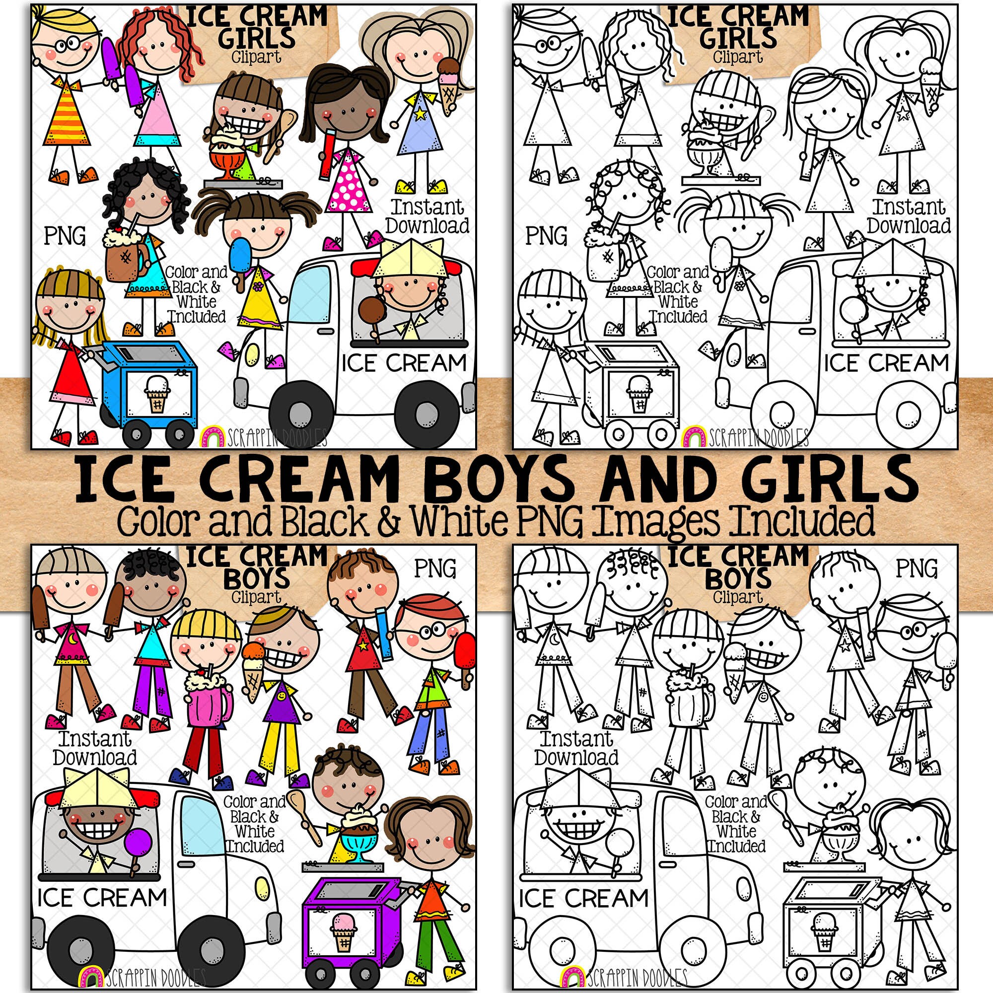 Doodle Kids Clipart Bundle - Doodle Boys and Girls Bundle 1 - Ice Cream ...