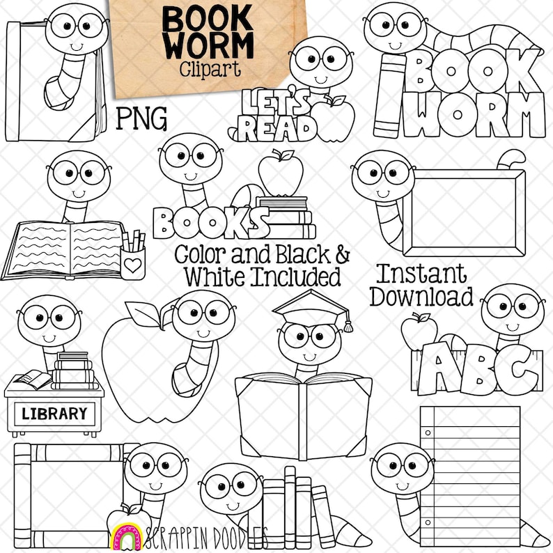 Bookworm Clipart - Worms Reading Books - School Worms - Commercial Use ...