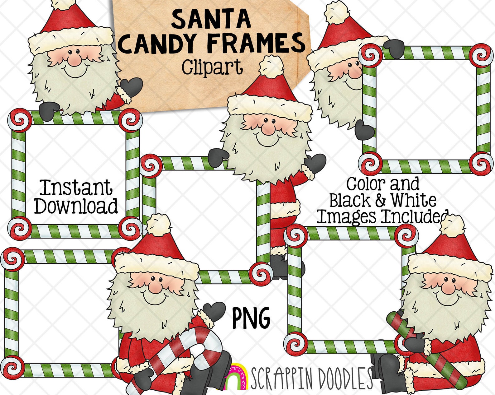 Santa Claus Clipart - Candy Frames - Instant Download - Hand Drawn PNG ...