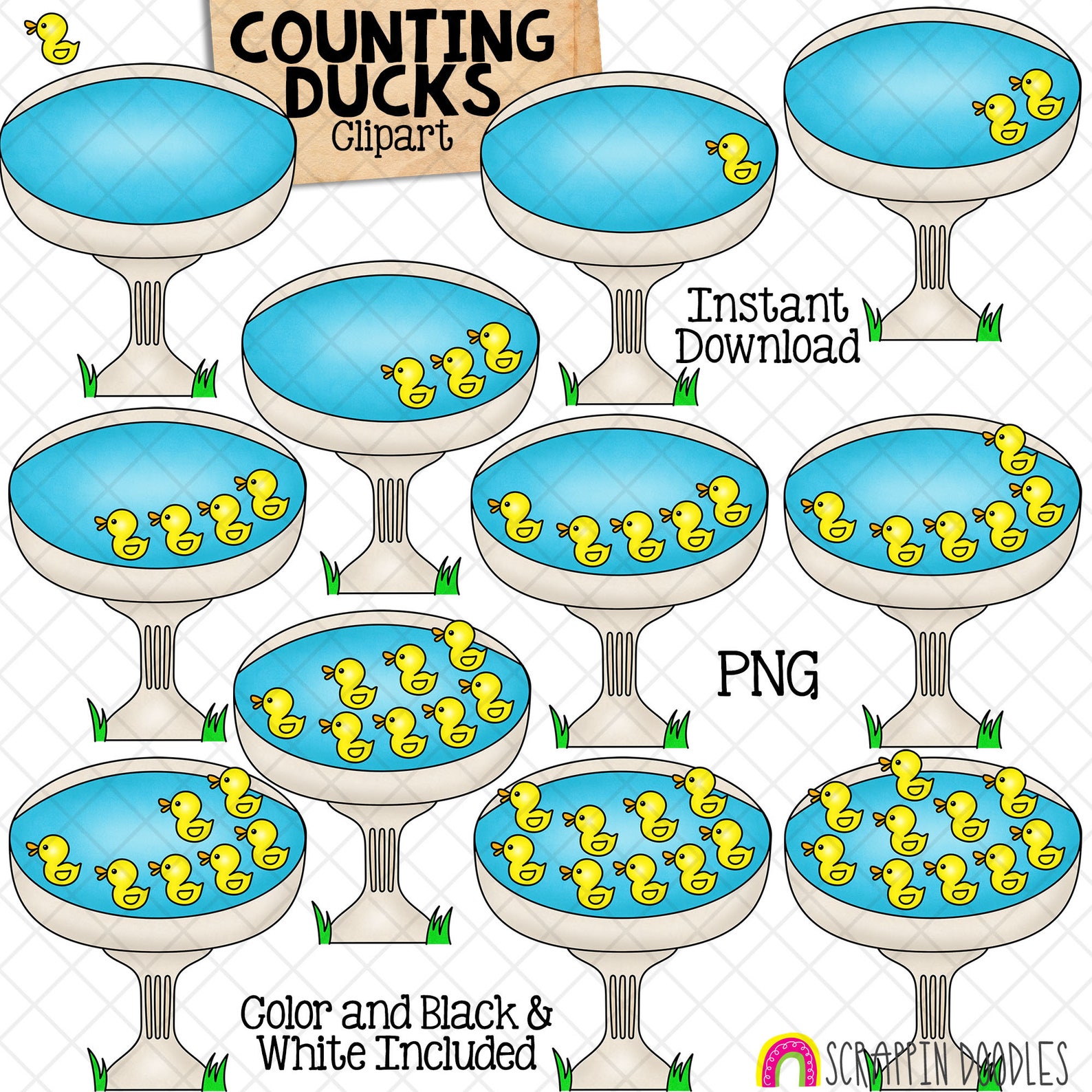 Counting Ducks in A Bird Bath Clipart - Spring Duckling Counting ...