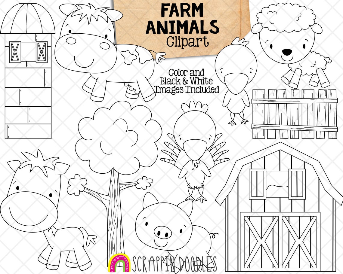 Farm Animals Clip Art Barn Silo Horse Cow Sheep Pig Chicken Cute Farm ...