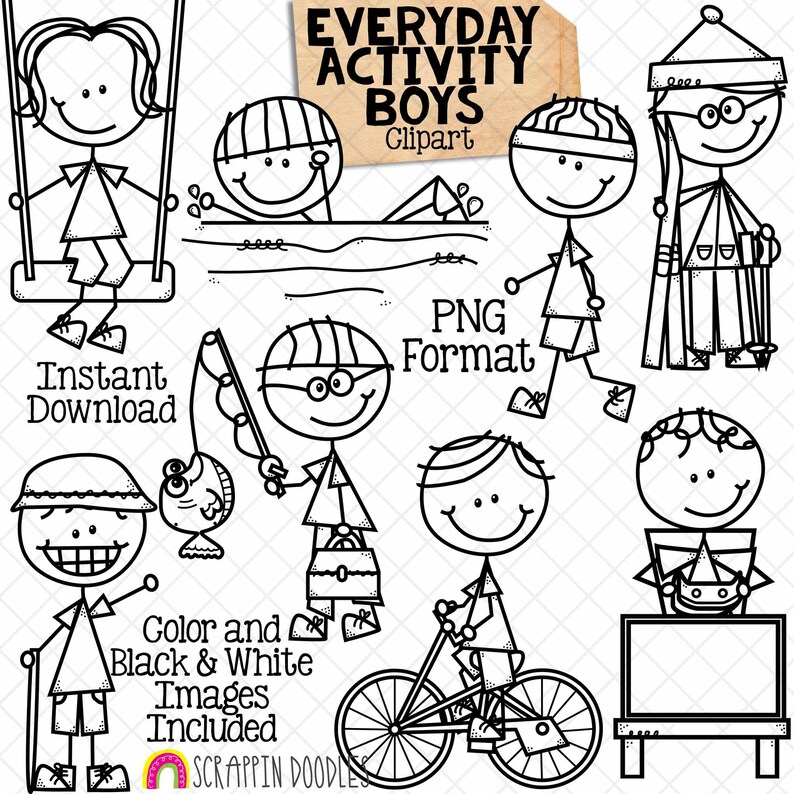 Everyday Activity Boys Clip Art Doodle Boys Hiking Fishing Skiing ...