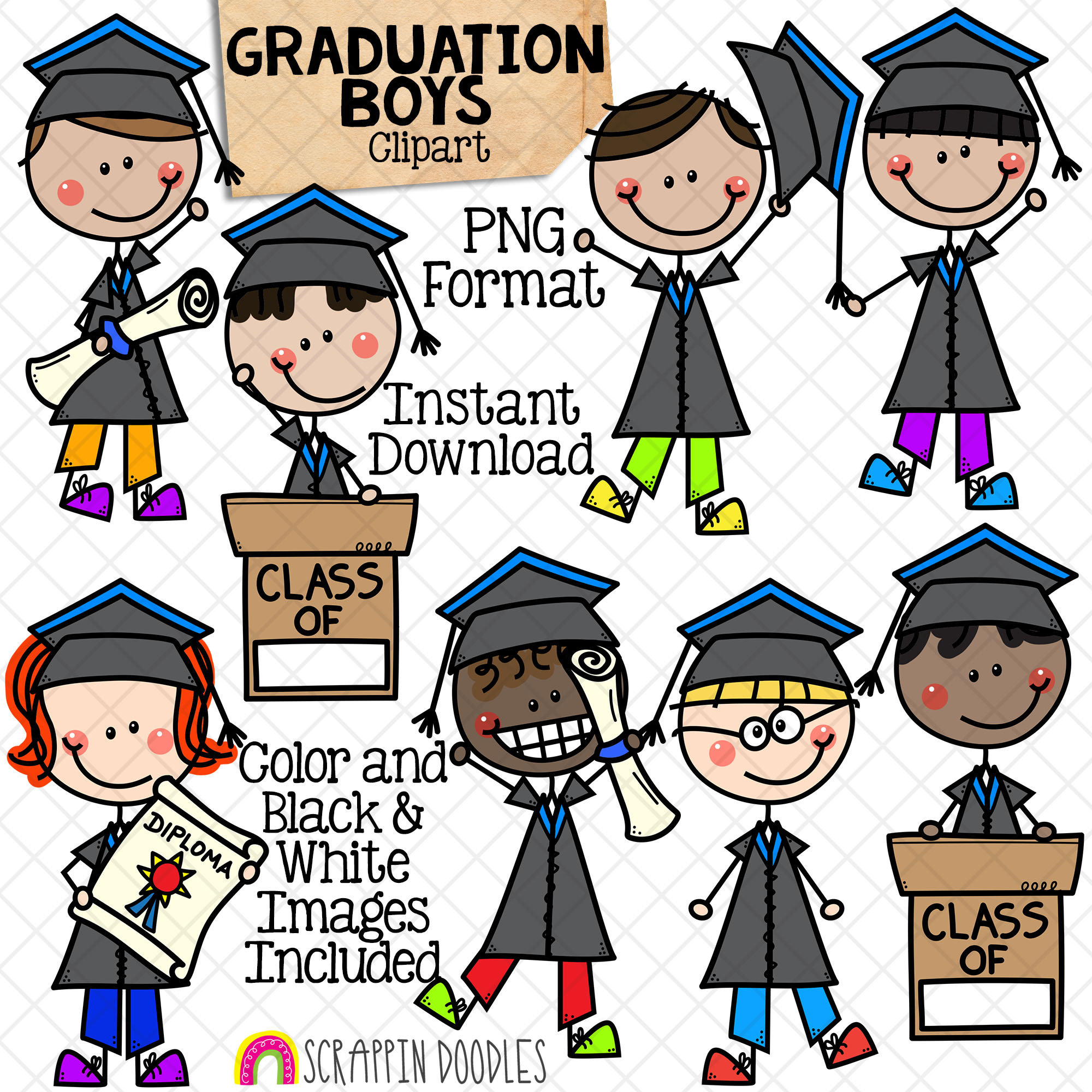 Graduation Clipart Doodle Boys Graduating School Clipart Diploma Class ...