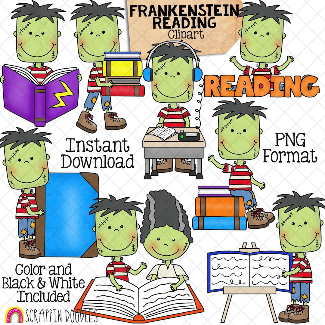 Frankenstein Reading Clip Art - Halloween Library Clipart - Read Books ...