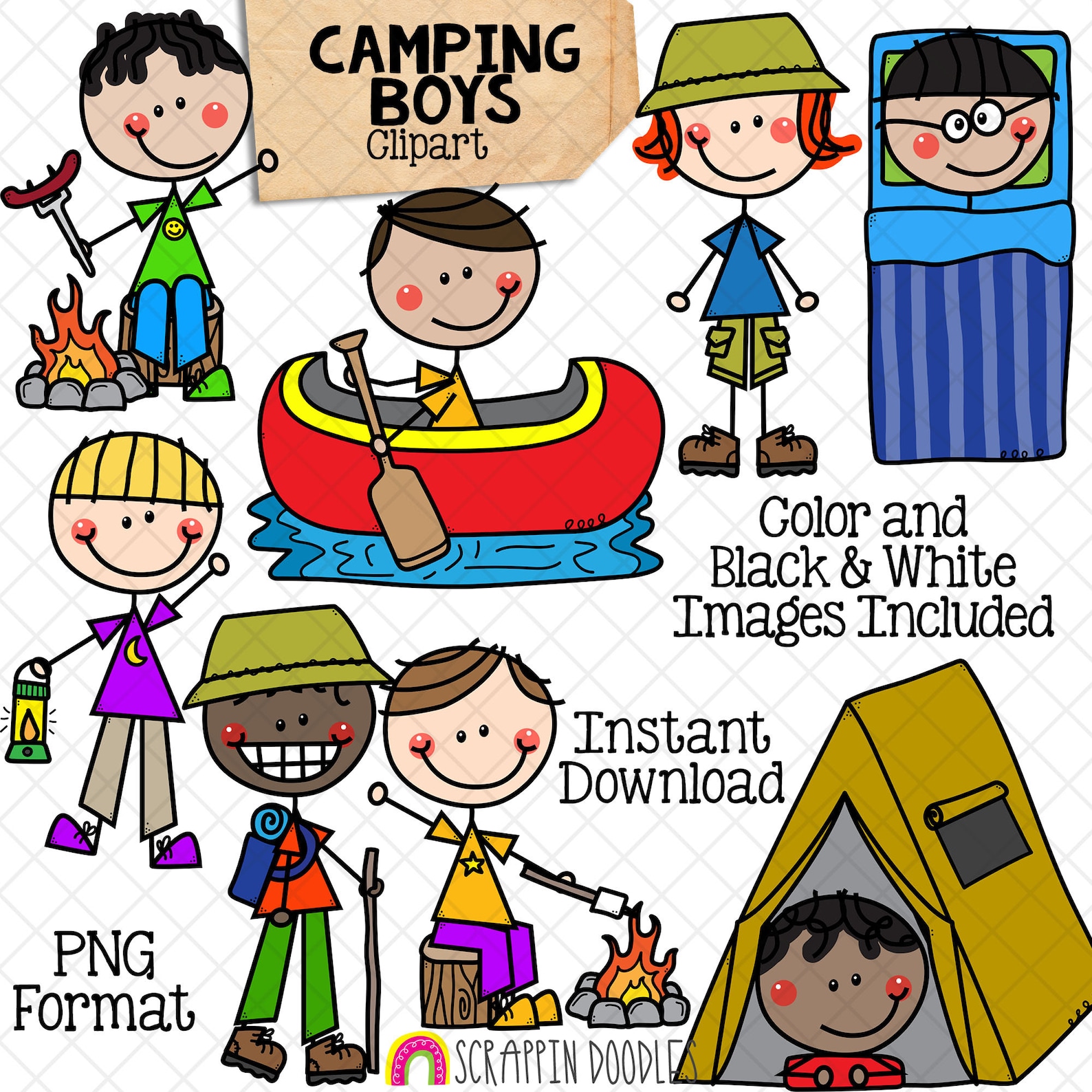 Camping Clipart - Doodle Boys Camping - Backpacking - Hiking - Campfire ...