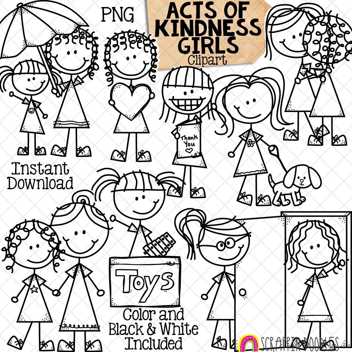 Acts of Kindness Clipart - Doodle Girls - Holding Umbrella - Walking ...