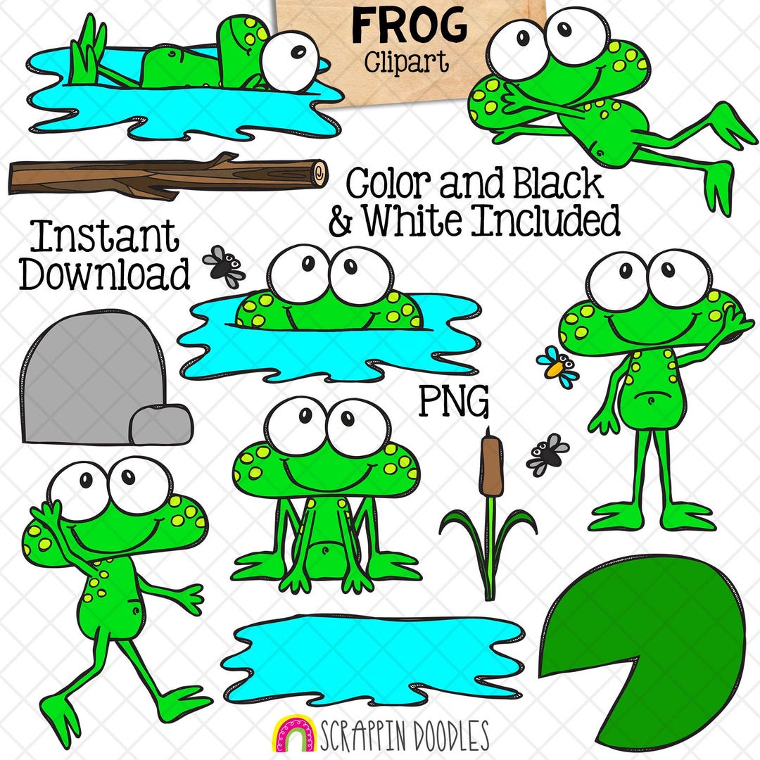 Frogs Clipart - Pond - Lilly Pad - Bulrush - Cattails - Frogs Posing ...