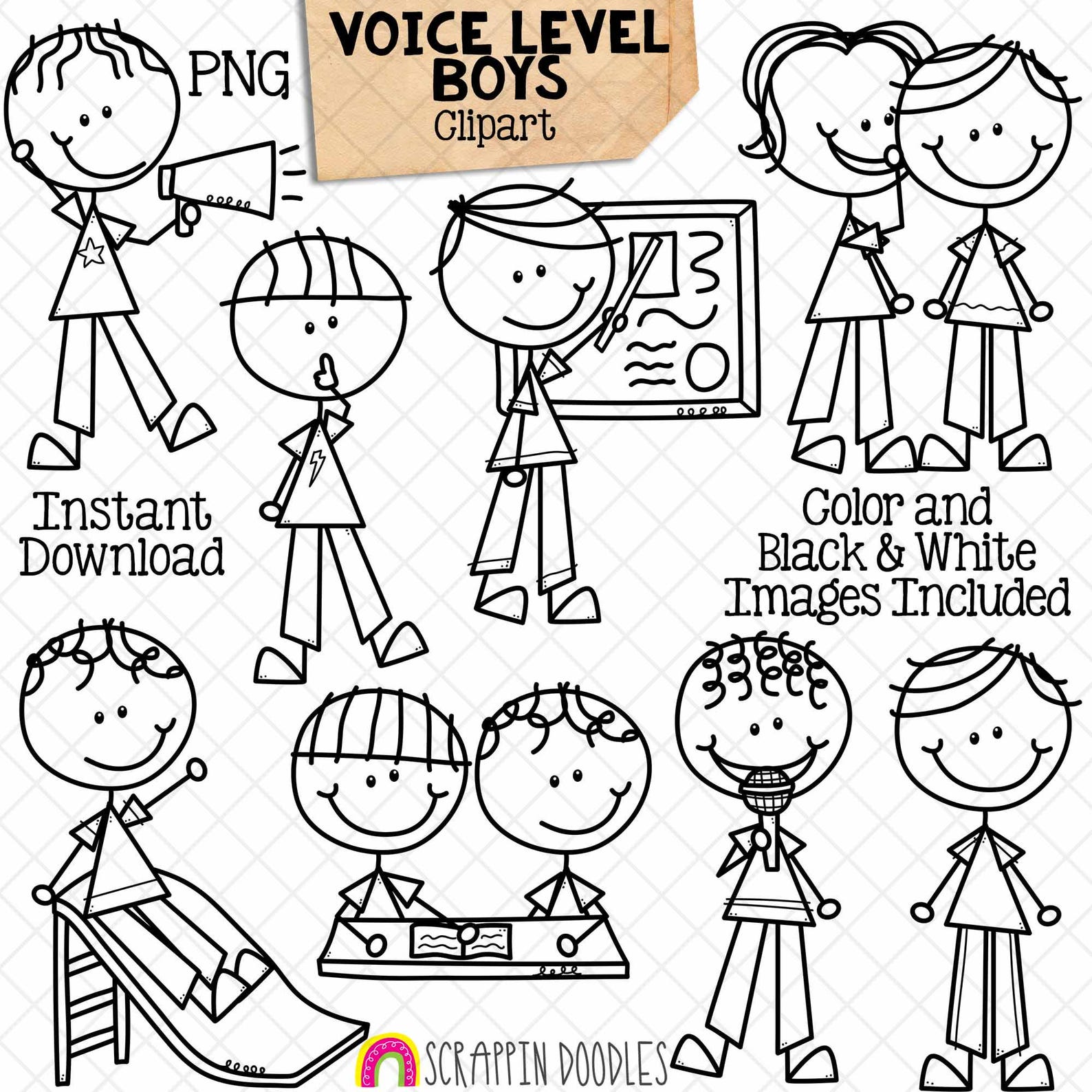 Voice Levels Clip Art - Doodle Kids Boys Stick Figure Graphics - Voice ...