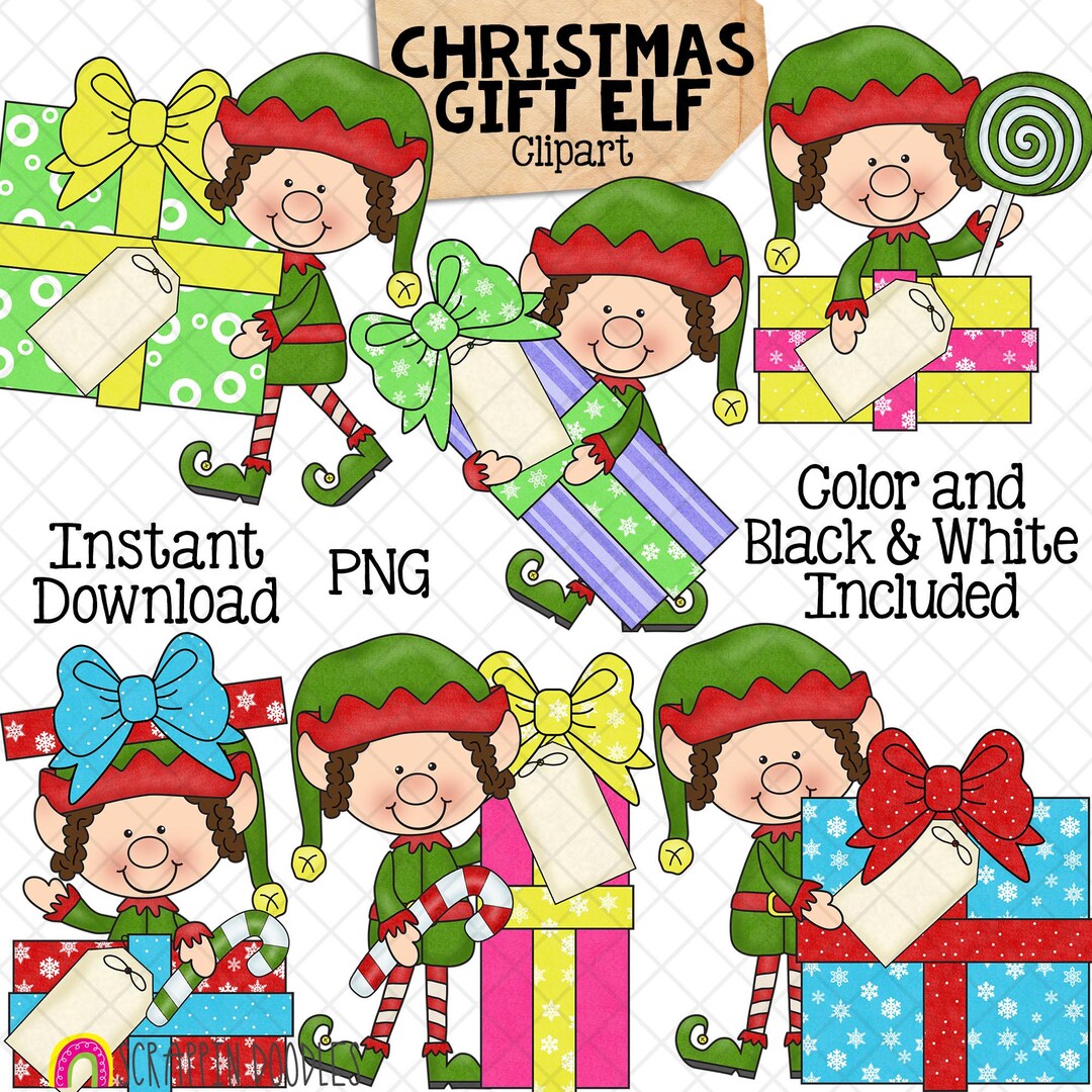 Gift Giver Elf Clip Art - Christmas Elves Posing - Presents - Standing ...