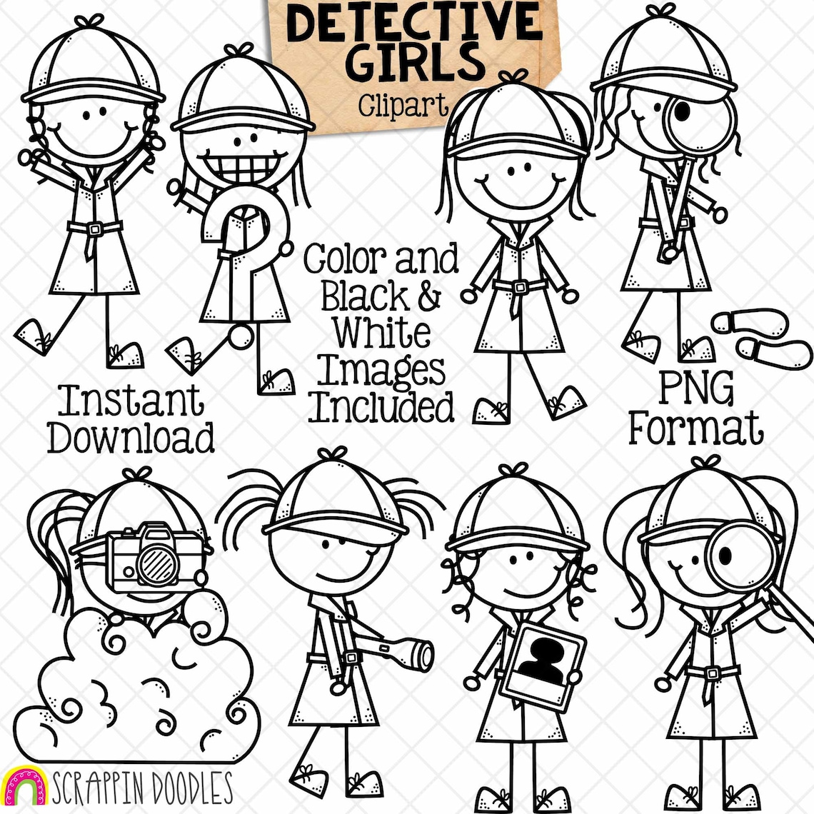 Detective Clip Art Doodle Girls Detectives Spy Graphics Private ...