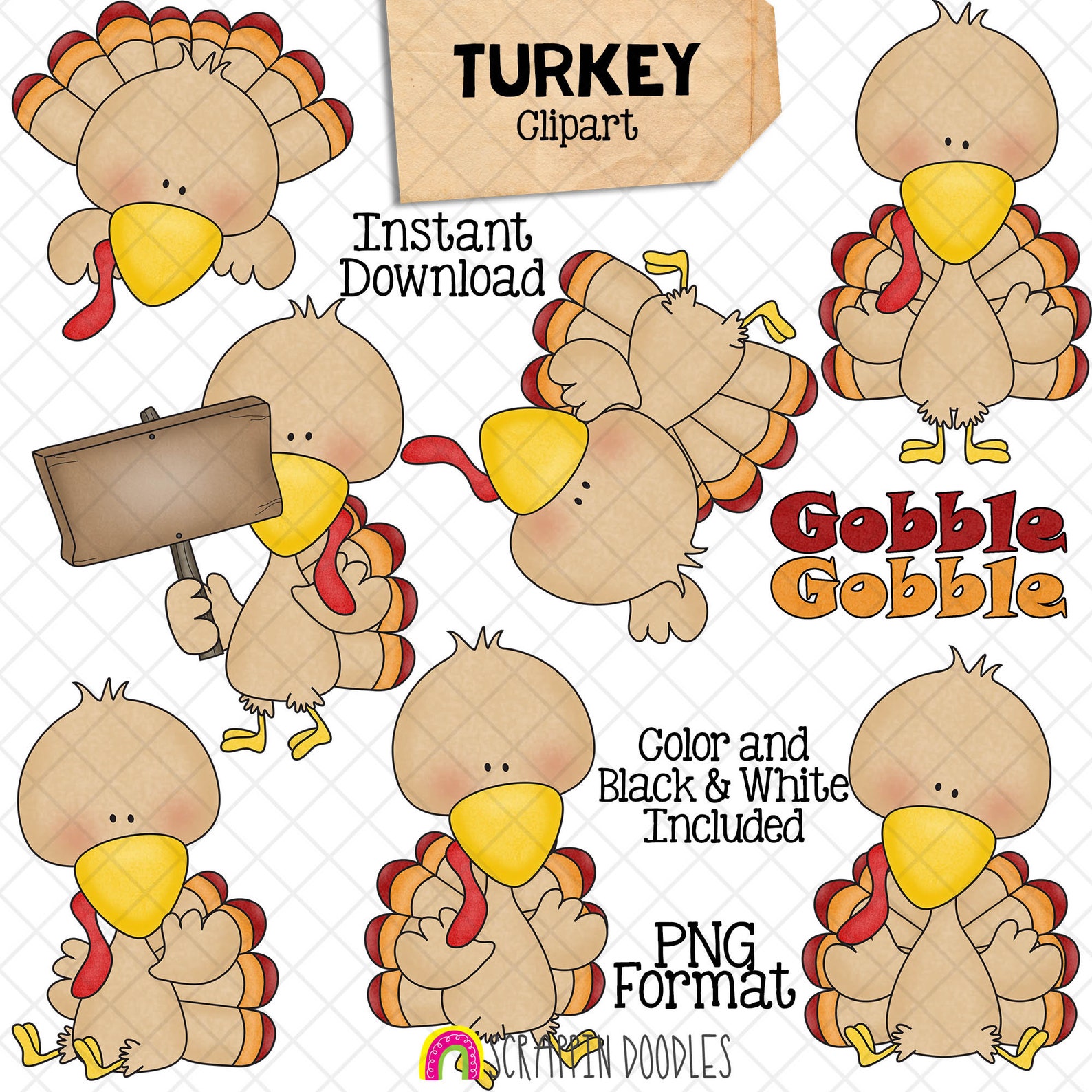 Turkey Clipart Cute Turkeys Clip Art Thanksgiving Turkeys - Etsy