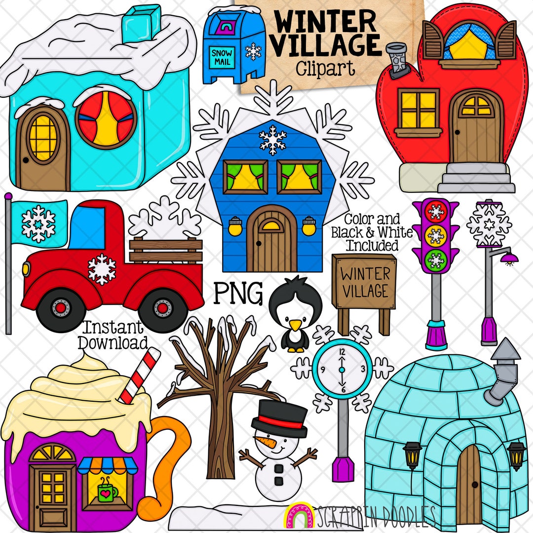 Winter Village Clip Art - Snow Town - Snowflake House - Ice Cube ...