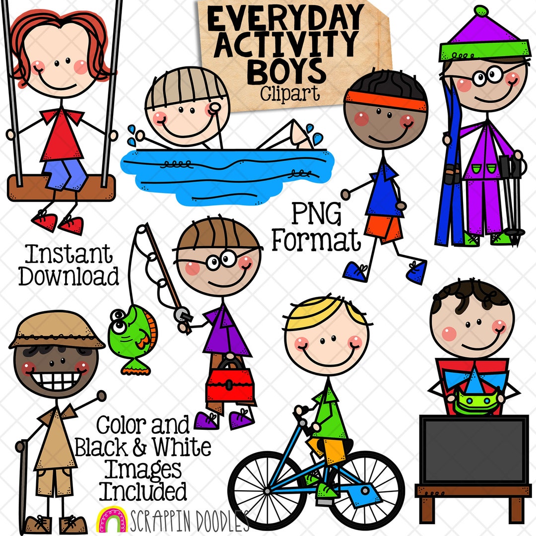 Everyday Activity Boys Clip Art - Doodle Boys - Hiking - Fishing ...