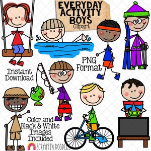 Everyday Activity Boys Clip Art - Doodle Boys - Hiking - Fishing ...