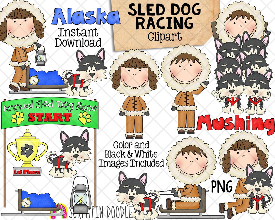 Sled Dog Racing Clipart - Alaska Iditarod Race Graphics - Trail Mushers ...