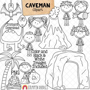 Caveman Clipart Prehistoric Rock Cave Volcano Dinosaur Commercial Use ...