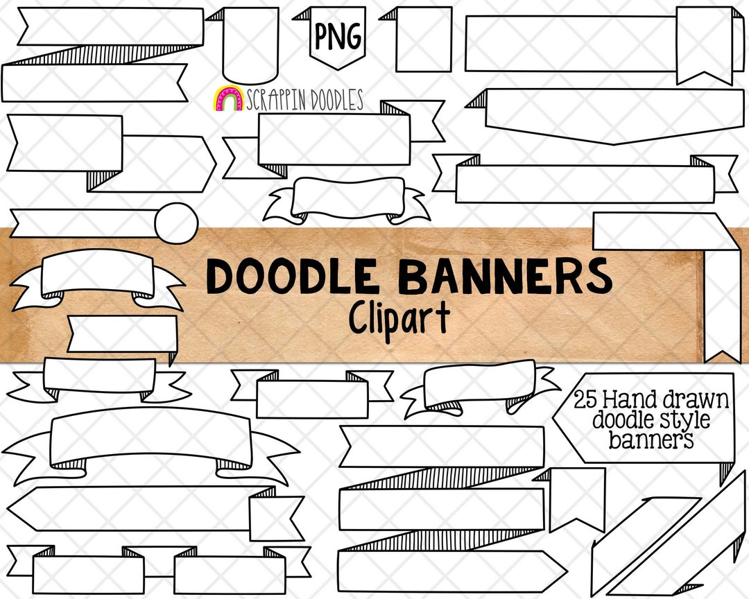 Doodle Banners Clipart - Hand Doodled Ribbon Banner - Black & White ...