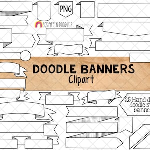 Doodle Banners Clipart - Hand Doodled Ribbon Banner - Black & White ...