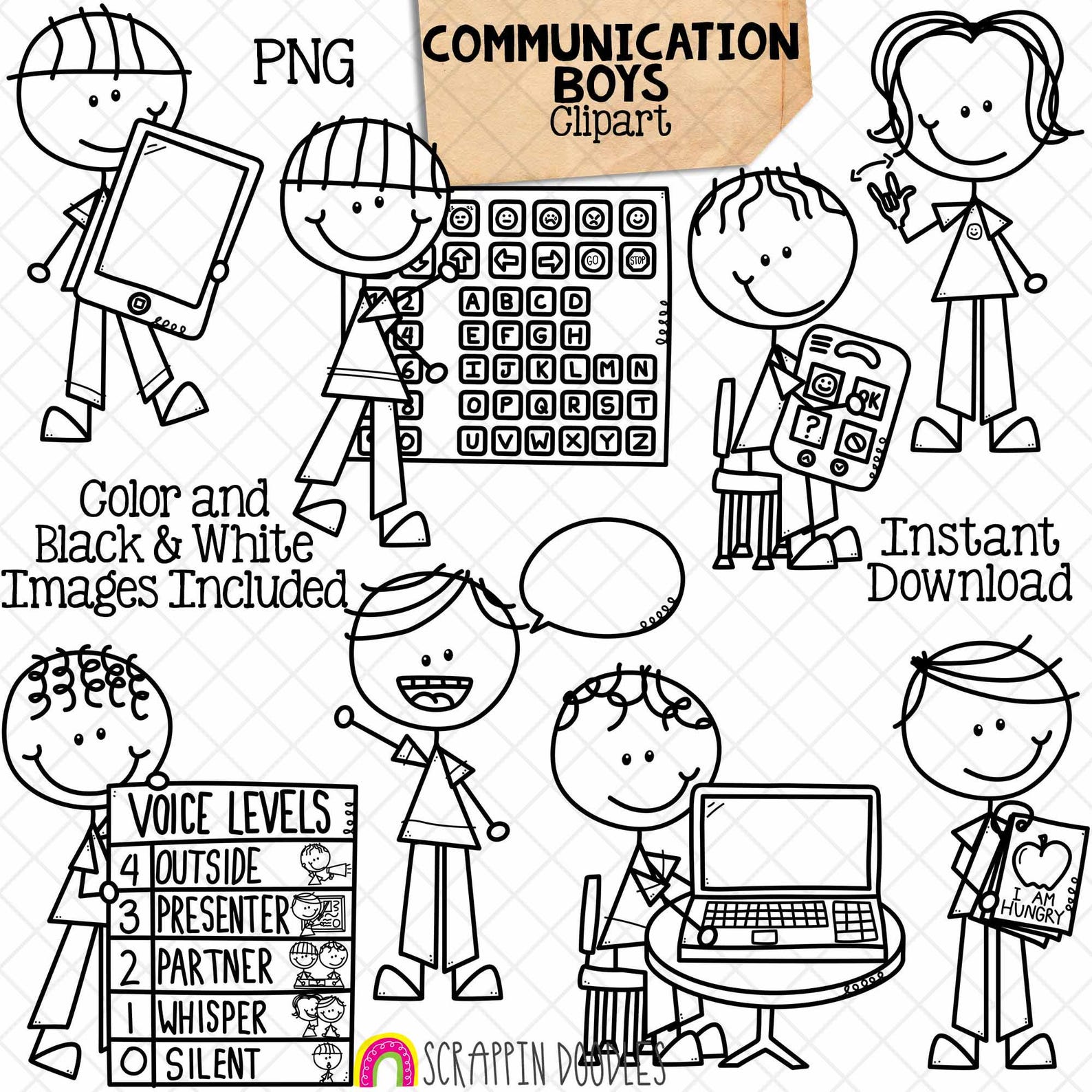 Communication Boys Clip Art - Doodle Kids Stick Figure Graphics - Voice ...