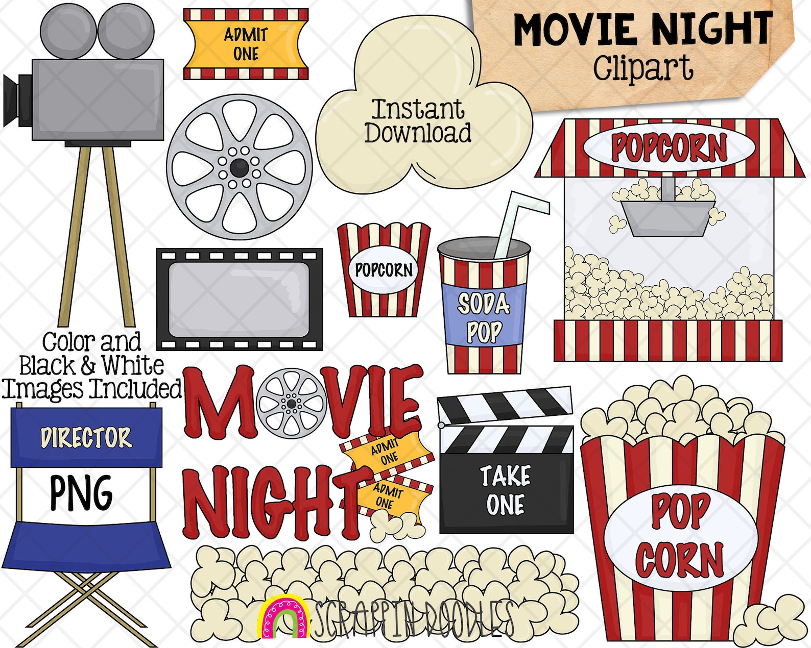 Movie Night Clip Art - Popcorn - Movie Theater - Directors Chair - Reel ...