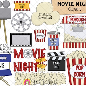 Movie Night Clip Art - Popcorn - Movie Theater - Directors Chair - Reel ...
