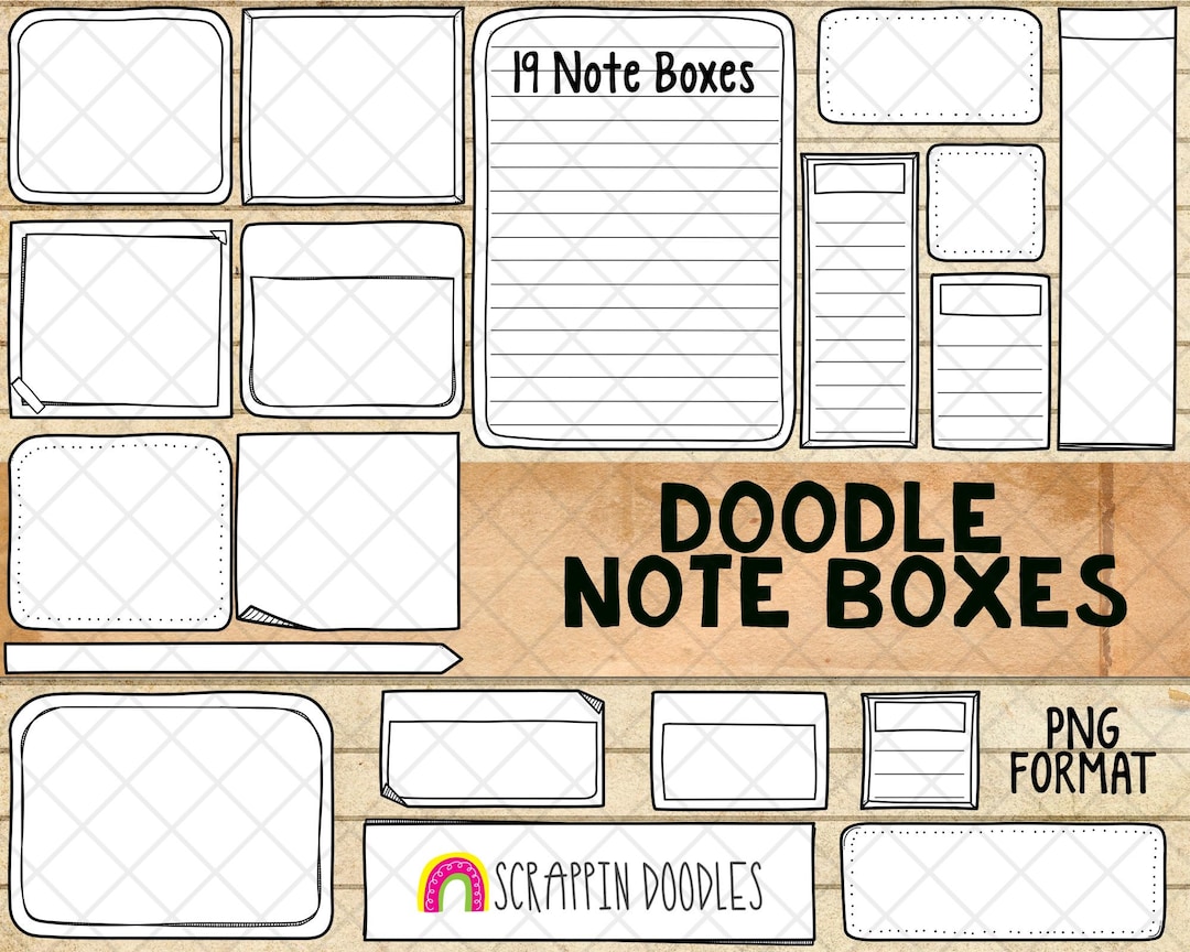 Doodle Note Boxes Clipart - Hand Doodled Sticky Notes - Black & White ...