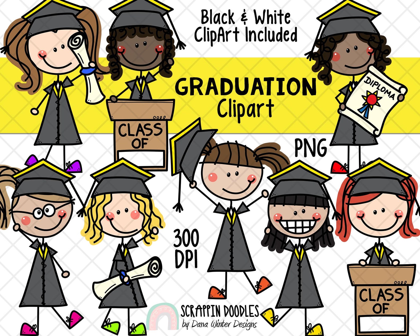 Graduation Clipart Doodle Girls Graduation School Clipart Sublimation ...