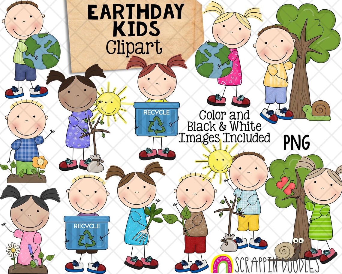 Earth Day Kids Clipart Stick Kids Save the Earth - Etsy