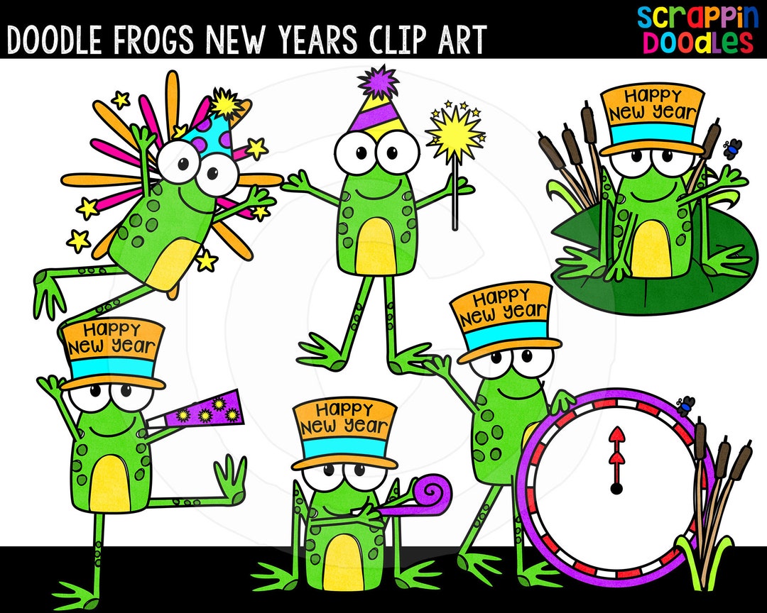 Doodle Frogs New Years Clip Art - Cute Commercial Use New Year Themed ...