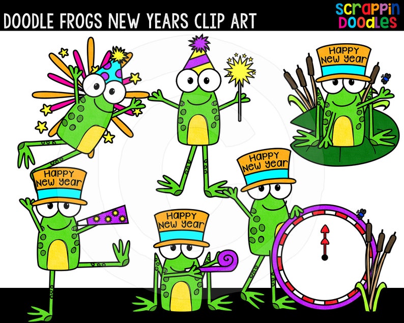 Doodle Frogs New Years Clip Art - Cute Commercial Use New Year Themed ...