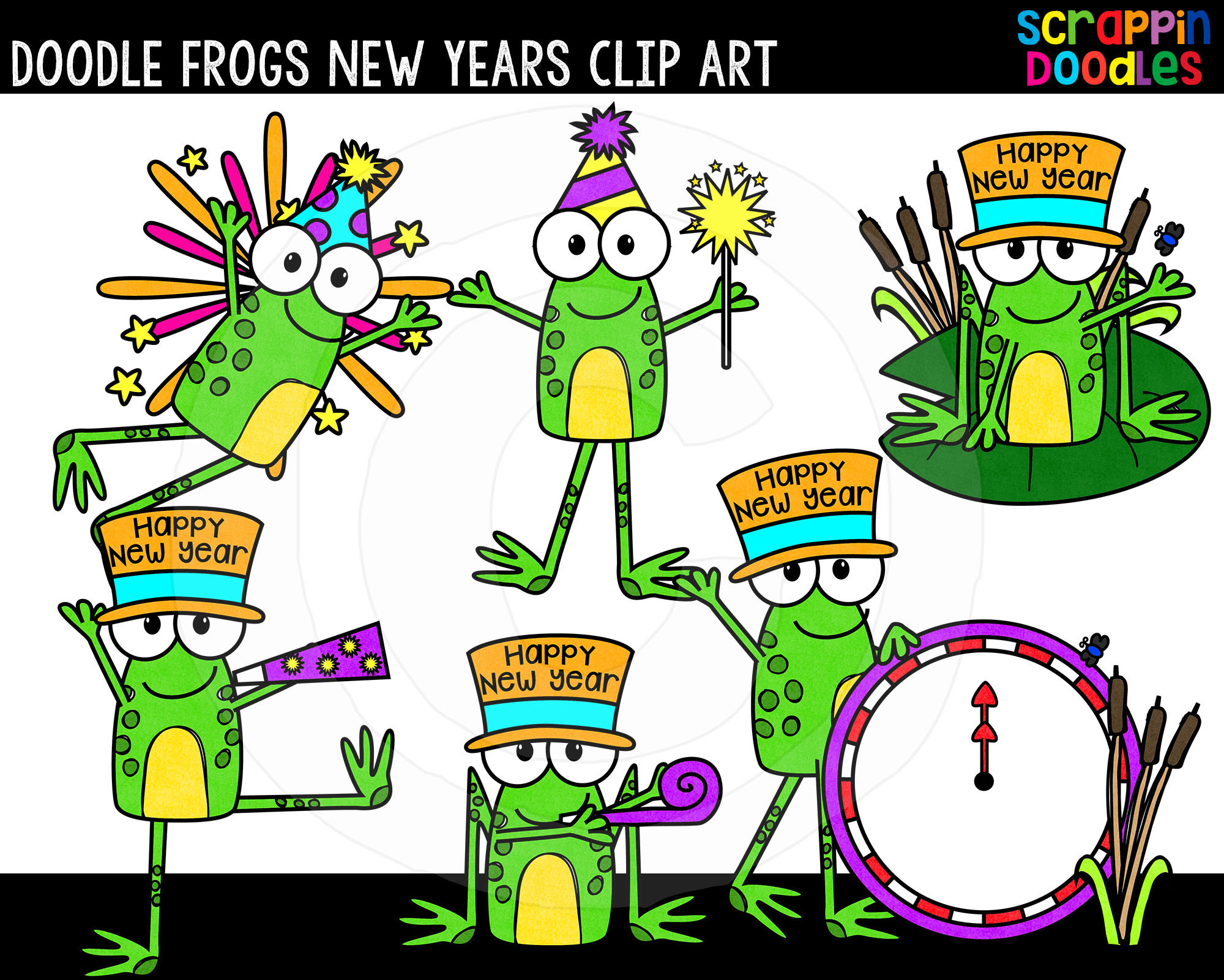 Doodle Frogs New Years Clip Art - Cute Commercial Use New Year Themed ...