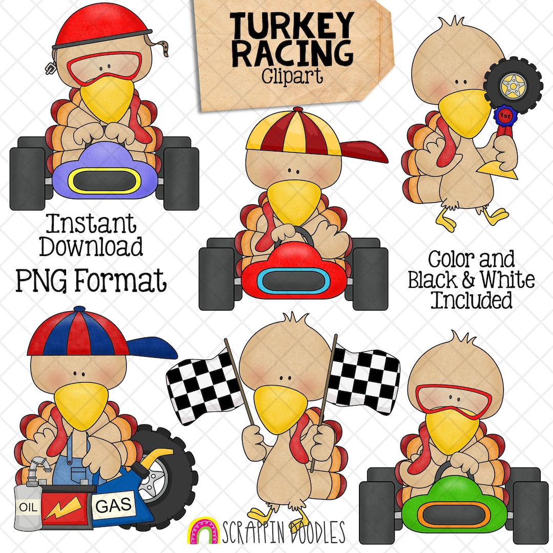 Turkey Clipart - Racing Turkeys Clip Art - Cute Turkeys in Race Cars ...
