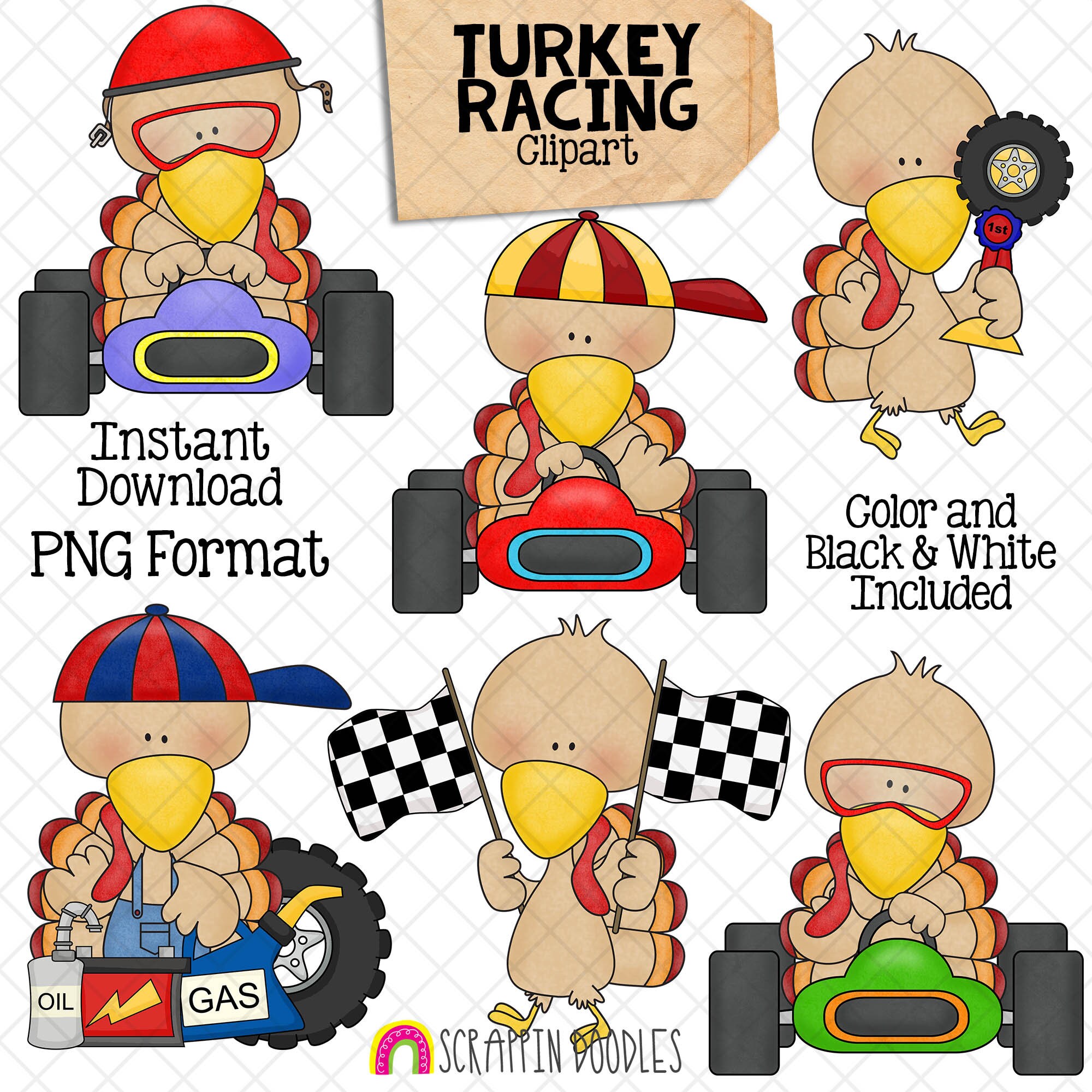 Turkey Clipart Racing Turkeys Clip Art Cute Turkeys in Race Cars ...