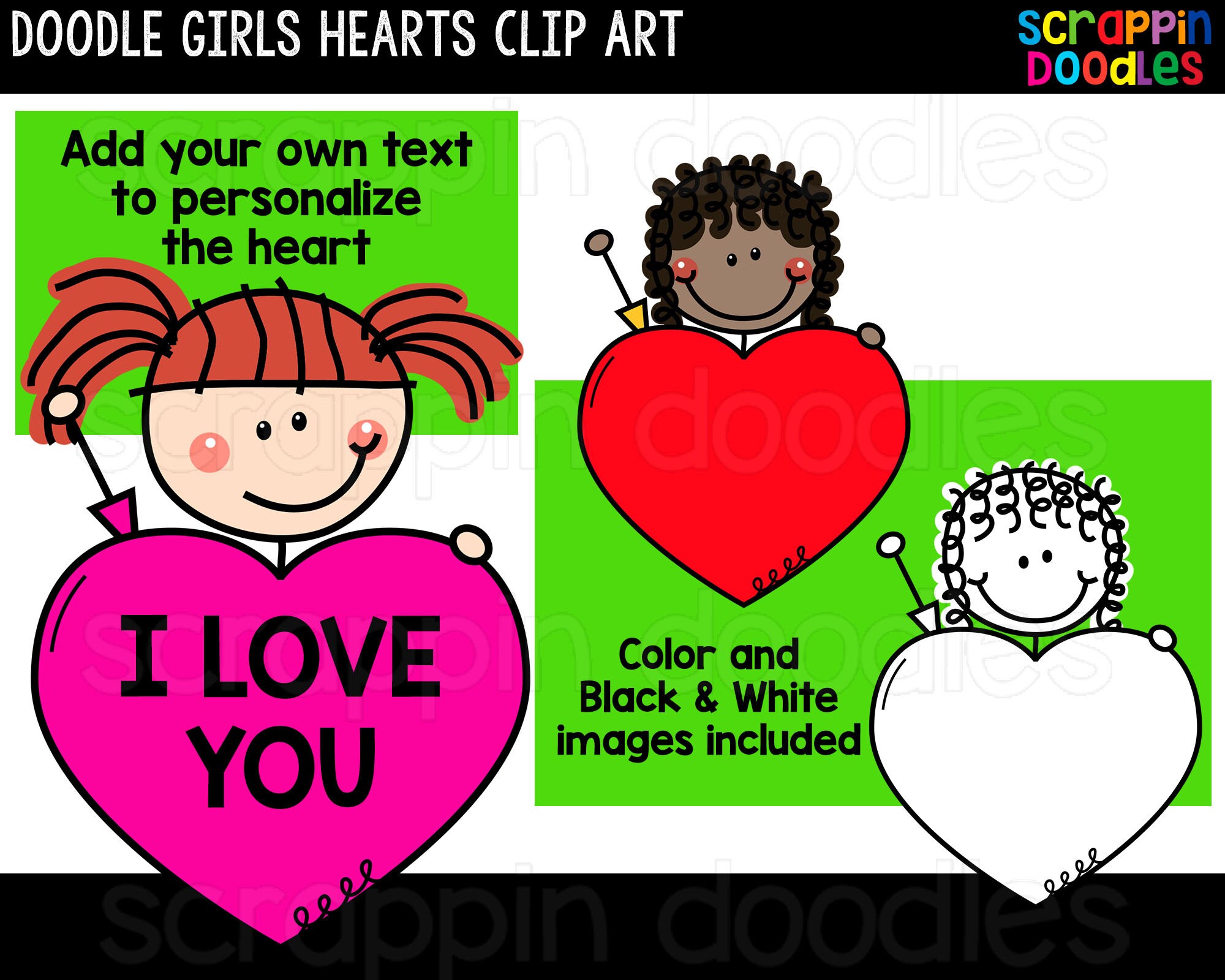 Doodle Girls Hearts Clip Art Cute Commercial Use Valentine Kids Clipart ...