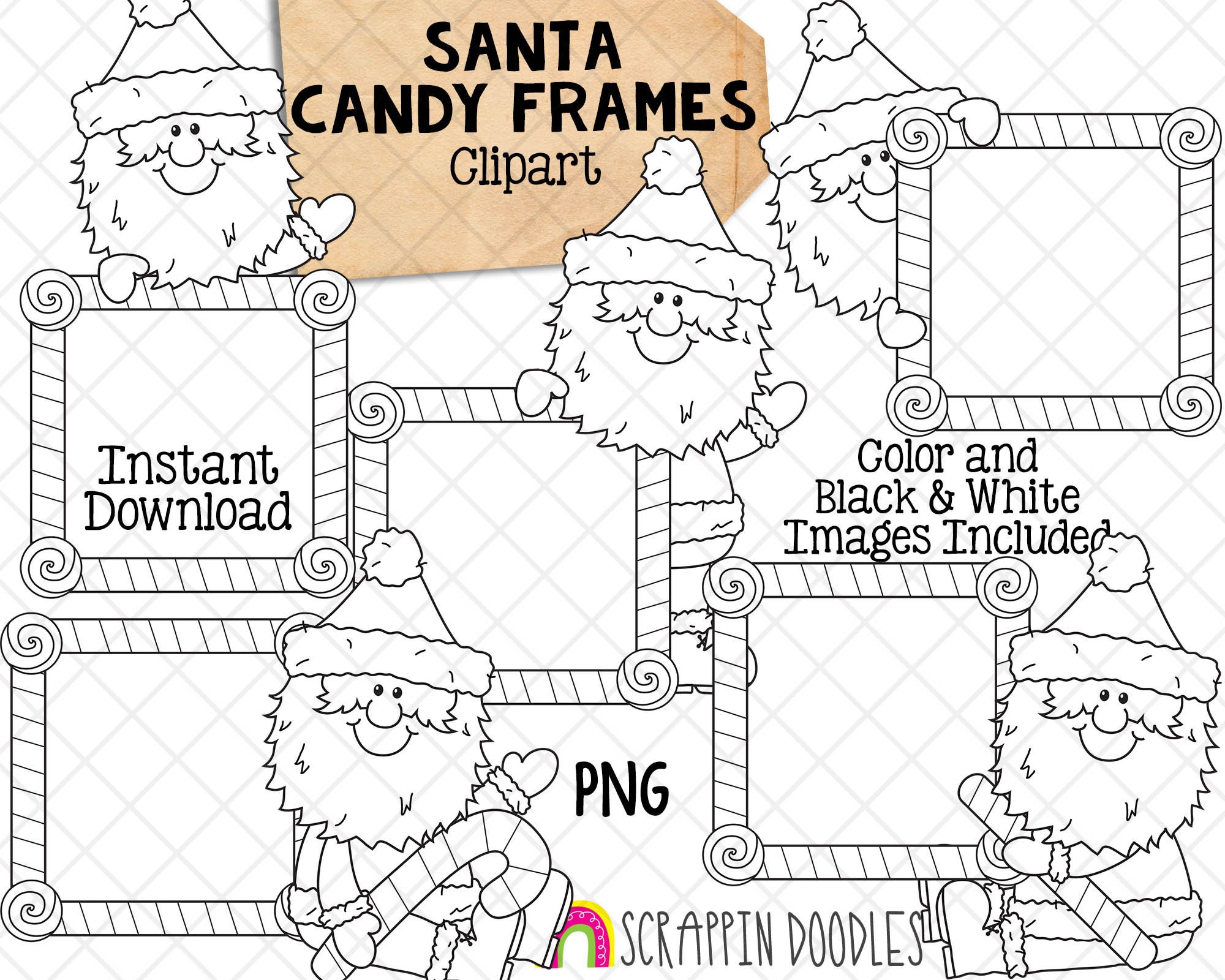 Santa Claus Clipart Candy Frames Instant Download Hand Drawn PNG - Etsy