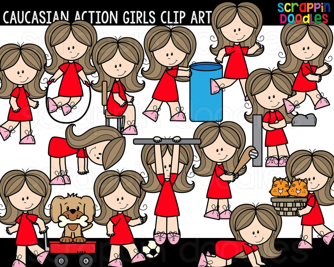 Caucasian Action Girls Clip Art - Cute Commercial Use Movement Kids ...